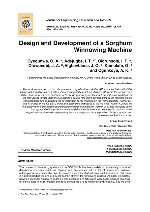 (PDF) Design and Development of a Sorghum Winnowing Machine