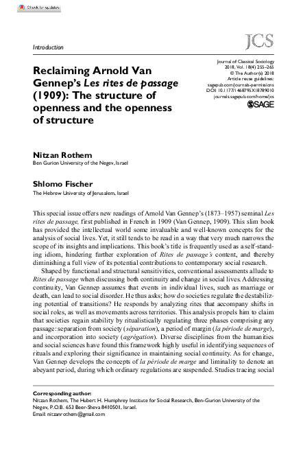 (PDF) Reclaiming Arnold Van Gennep's Les rites de passage (1909): The ...