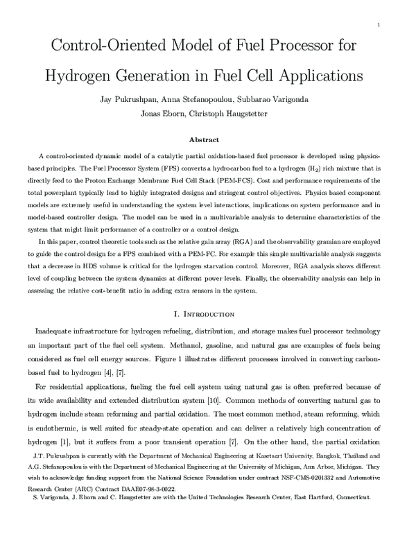 (PDF) Control-oriented model of fuel processor for hydrogen generation in fuel cell applications