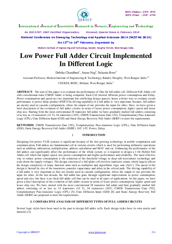 (PDF) Low Power Full Adder Circuit ImplementedIn Different Logic