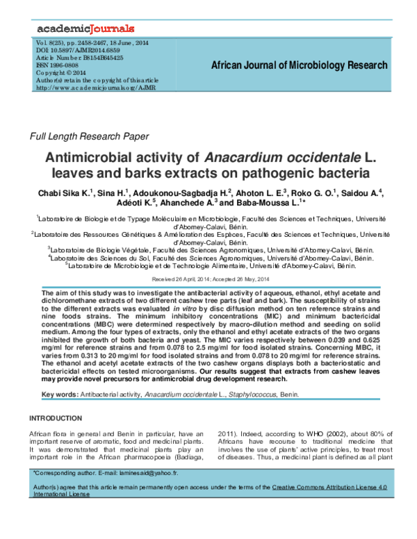 (PDF) Antimicrobial activity of Anacardium occidentale bark