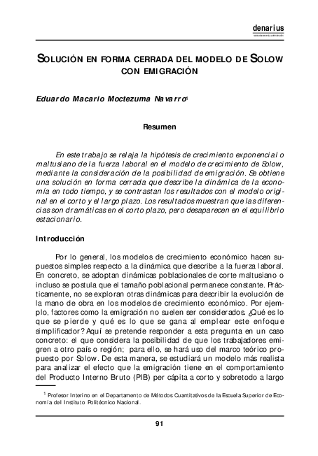 (PDF) Solución en Forma Cerrada Del Modelo De Solow Con Emigración