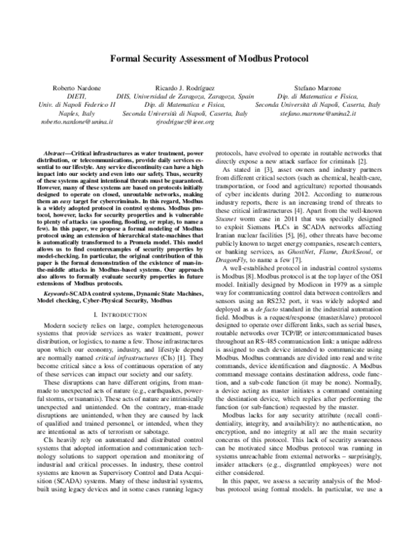 (PDF) Formal security assessment of Modbus protocol