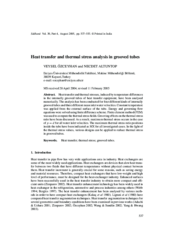 (PDF) Heat transfer and thermal stress analysis in grooved tubes