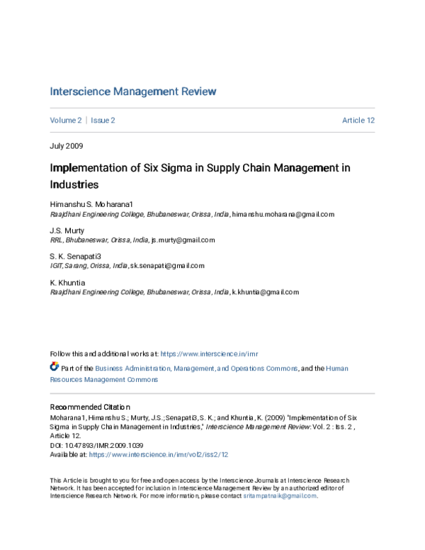 (PDF) Implementation of Six Sigma in Supply Chain Management in Industries