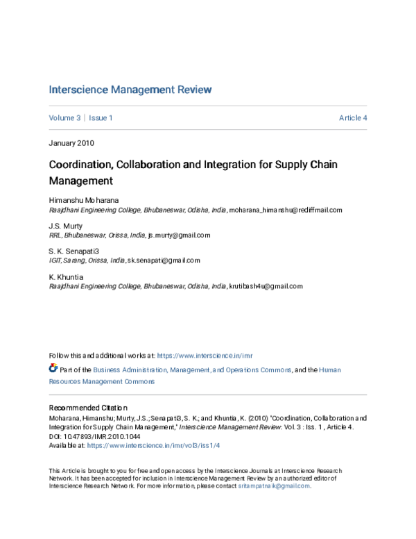 (PDF) Coordination, Collaboration and Integration for Supply Chain Management