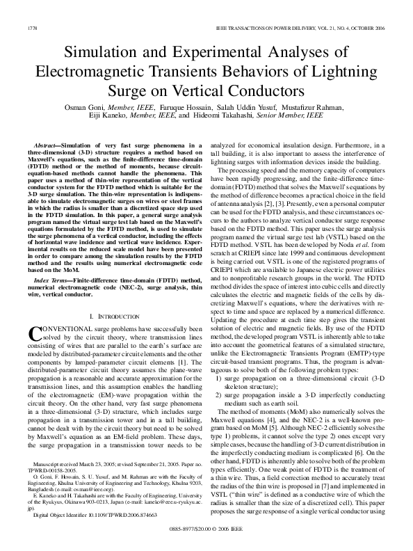 (PDF) Simulation and Experimental Analyses of Electromagnetic Transients Behaviors of Lightning ...