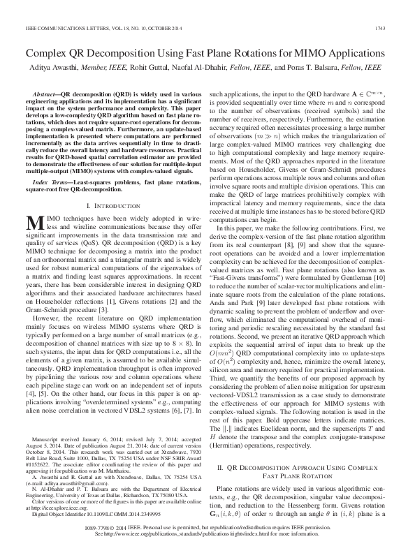 (PDF) Complex QR Decomposition Using Fast Plane Rotations for MIMO Applications