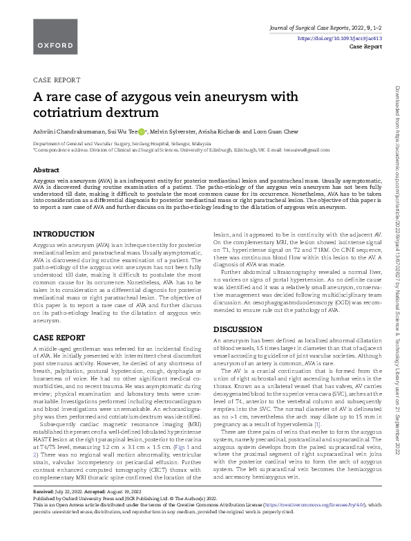 (PDF) A rare case of azygous vein aneurysm with cotriatrium dextrum