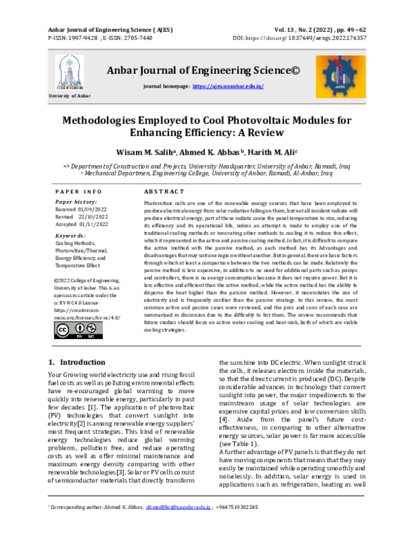 (PDF) Methodologies Employed to Cool Photovoltaic Modules for Enhancing Efficiency: A Review