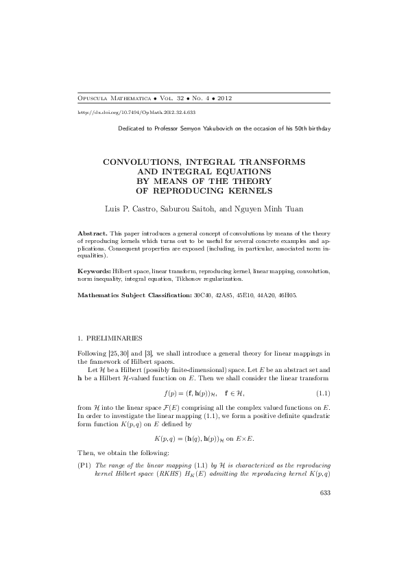 (PDF) Convolutions, integral transforms and integral equations by means of the theory of ...