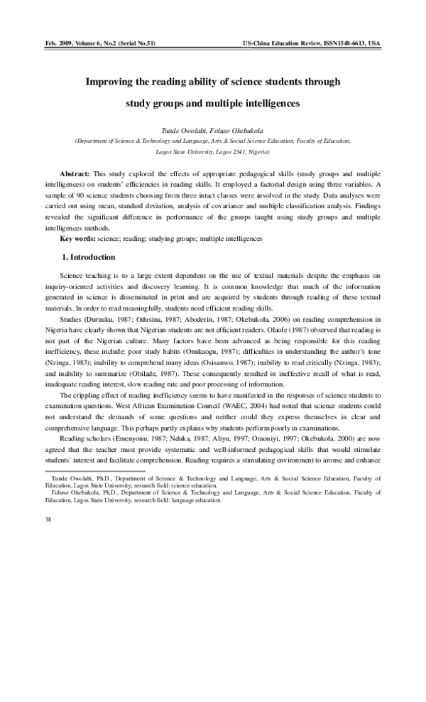 (PDF) Enhancing Science Students' Reading via Study Groups and Intelligences