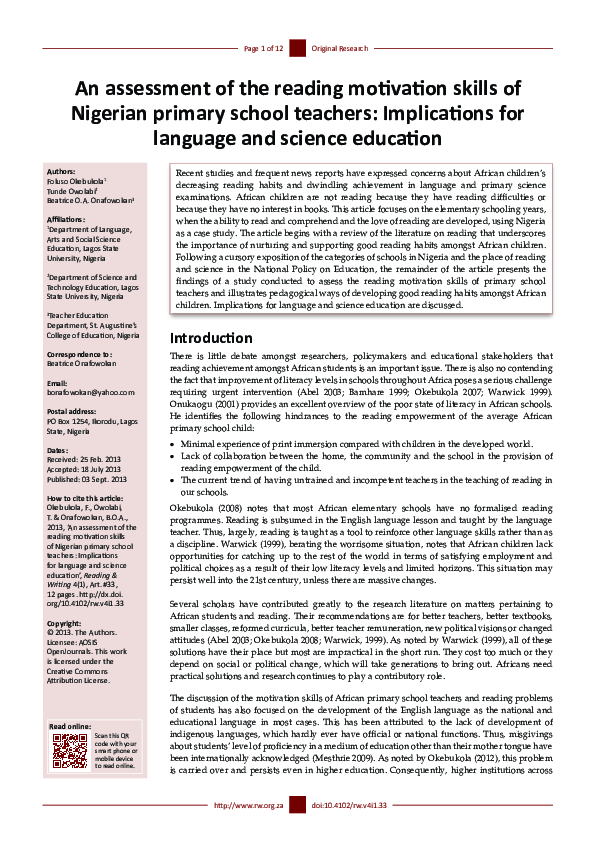 (PDF) An assessment of the reading motivation skills of Nigerian ...