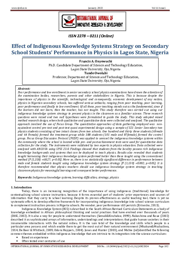 (PDF) Effect of Indigenous Knowledge Systems Strategy on Secondary ...