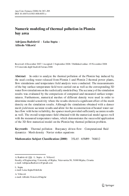 (PDF) Numeric modeling of thermal pollution in Plomin bay area