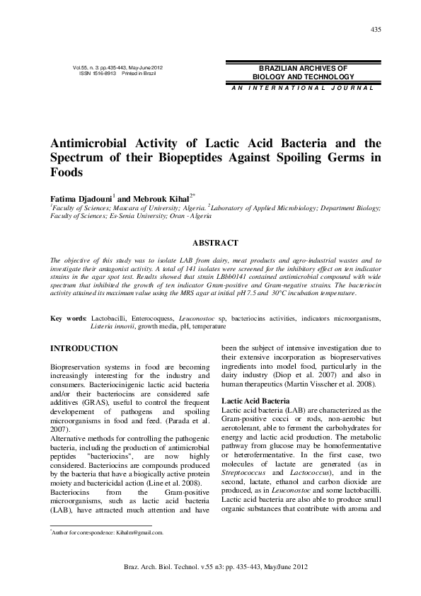 (PDF) Antimicrobial activity of lactic acid bacteria and the spectrum of their biopeptides ...