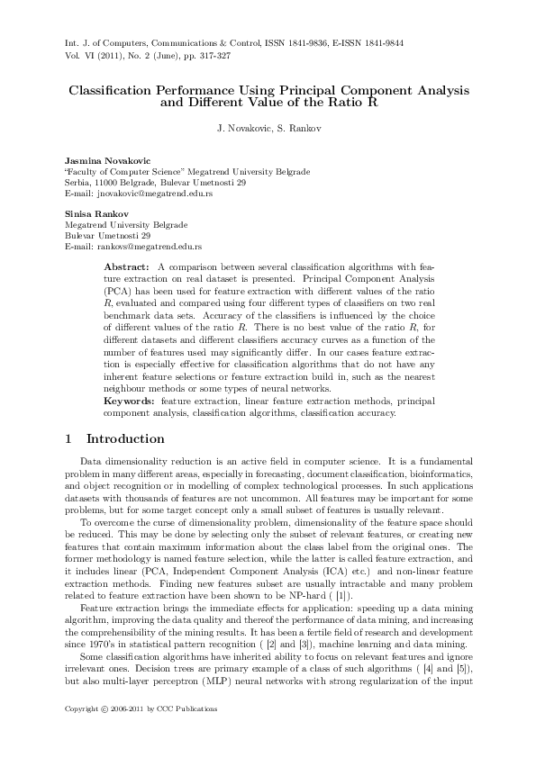 Classification Performance Using Principal Component Analysis and Different Value of the Ratio R
