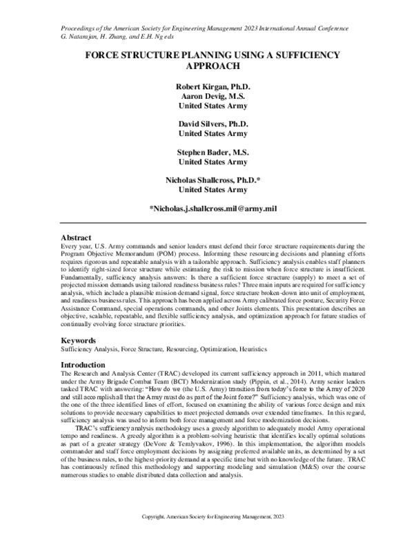 (PDF) FORCE STRUCTURE PLANNING USING A SUFFICIENCY APPROACH