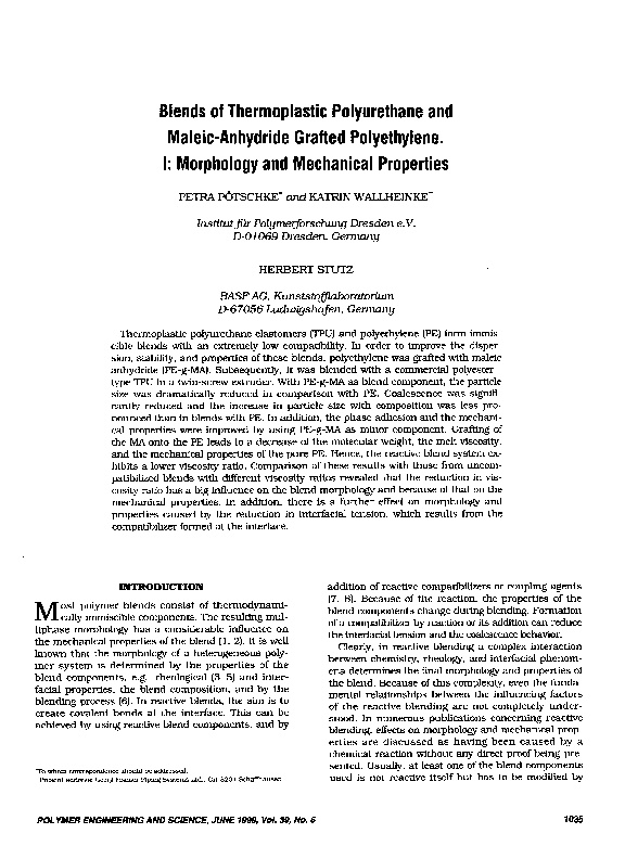 (PDF) Blends of thermoplastic polyurethane and maleic-anhydride grafted polyethylene. I ...