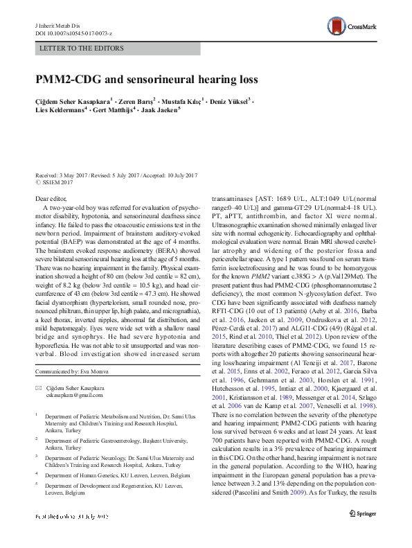 (PDF) PMM2-CDG and sensorineural hearing loss | Mustafa Kılıç ...