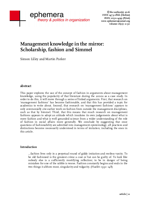 (PDF) Management knowledge in the mirror: Scholarship, fashion and Simmel