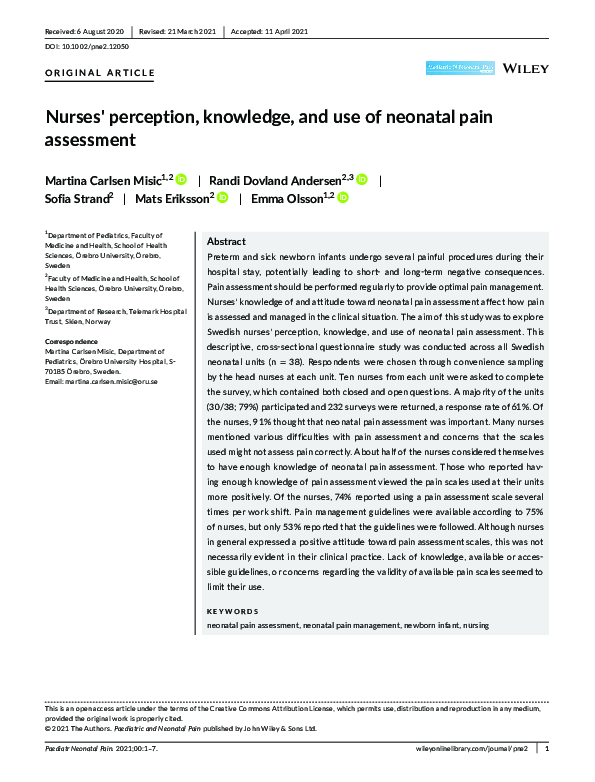 (PDF) Nurses' perception, knowledge, and use of neonatal pain assessment