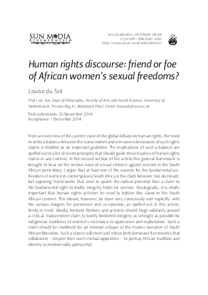 (PDF) Human rights discourse : friend or foe of African women’s sexual ...