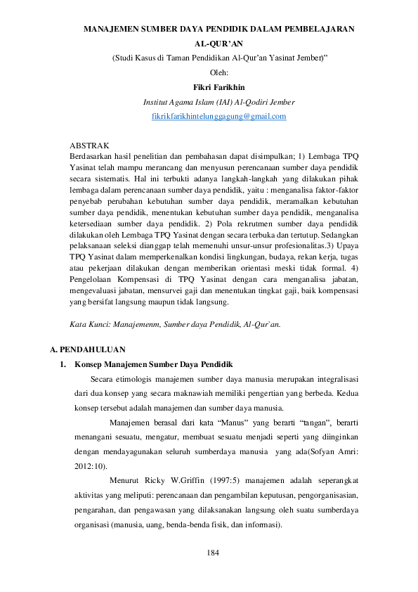 (PDF) Manajemen Sumber Daya Pendidik Dalam Pembelajaran Al-Qur’an (Studi Kasus di Taman ...