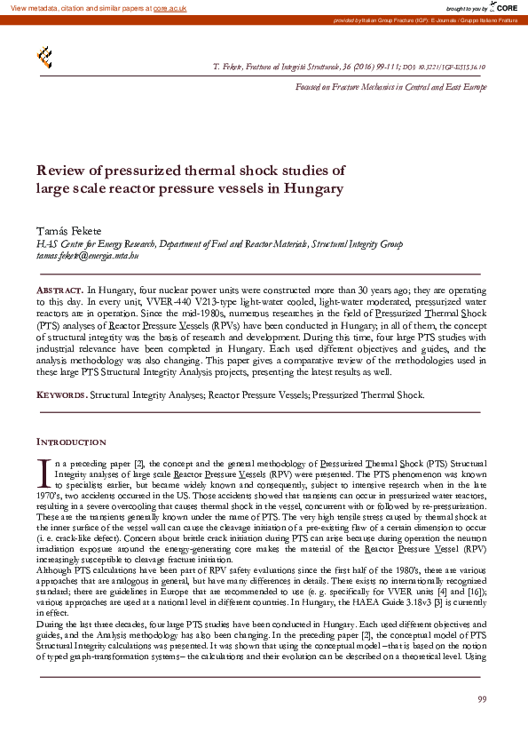 (PDF) Review of pressurized thermal shock studies of large scale ...