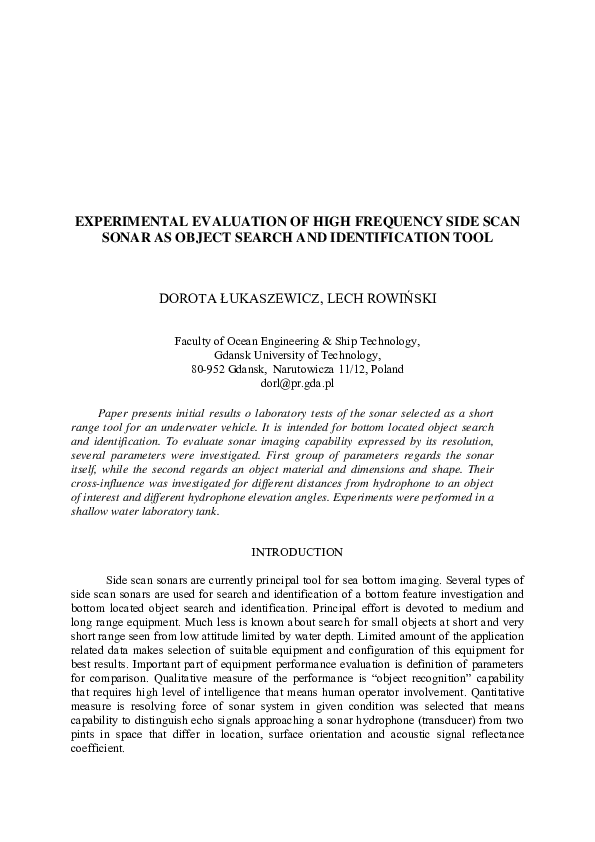 Pdf Experimental Evaluation Of High Frequency Side Scan Sonar As Object Search And