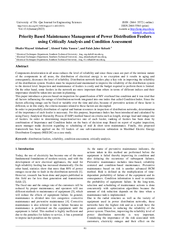 (PDF) Priority Based Maintenance Management of Power Distribution Feeders using Critically ...