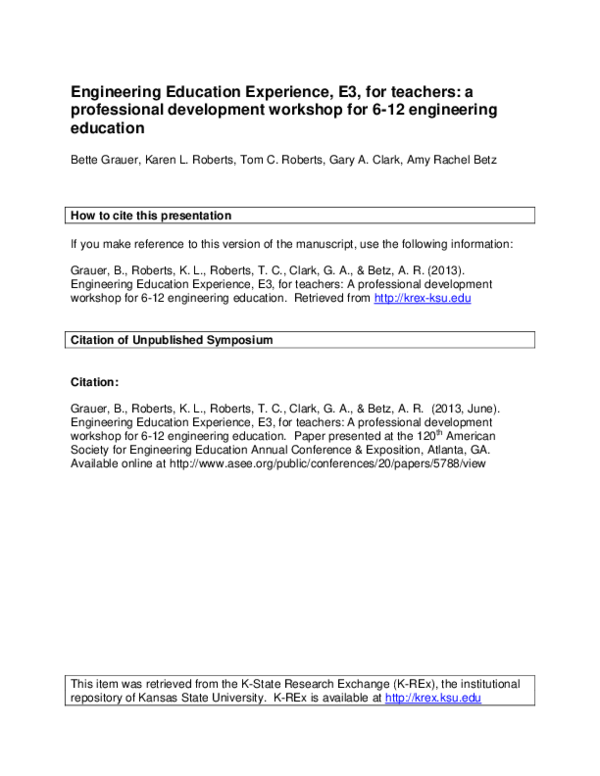 (PDF) Engineering Education Experience, E3, for Teachers: A ...