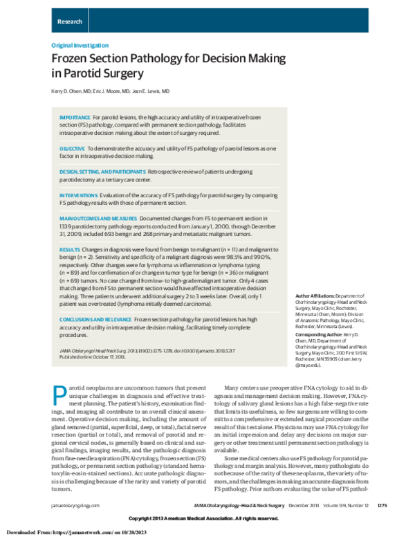 (PDF) Frozen Section Pathology for Decision Making in Parotid Surgery