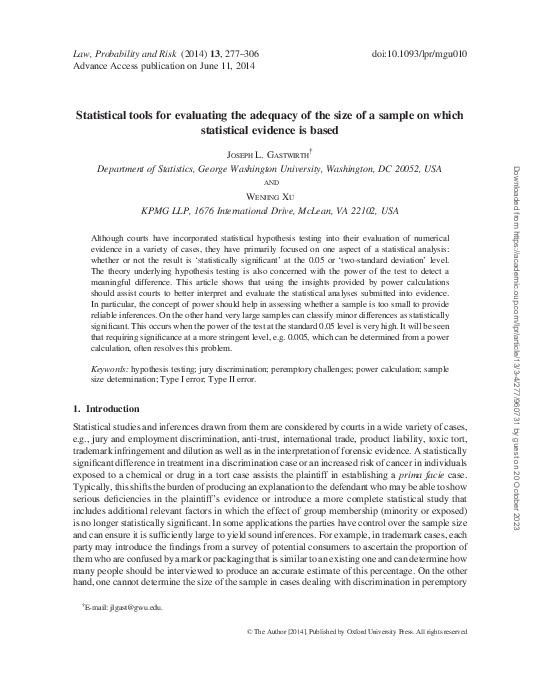 (PDF) Statistical tools for evaluating the adequacy of the size of a ...
