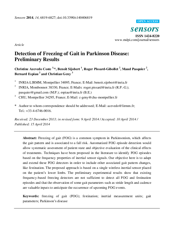 (PDF) Article Detection of Freezing of Gait in Parkinson Disease: Preliminary Results | Maud ...