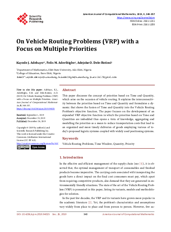 (PDF) On Vehicle Routing Problems (VRP) with a Focus on Multiple Priorities