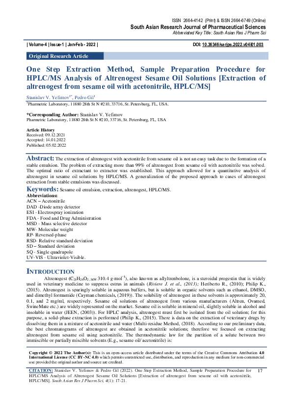 (PDF) Efficient Extraction of Altrenogest from Sesame Oil for HPLC/MS