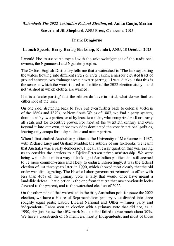 (DOC) Watershed: The 2022 Australian Federal Election: Launch Speech by ...