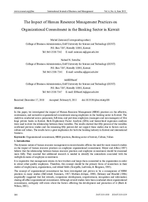(PDF) The Impact of Human Resource Management Practices on Organizational Commitment in the ...