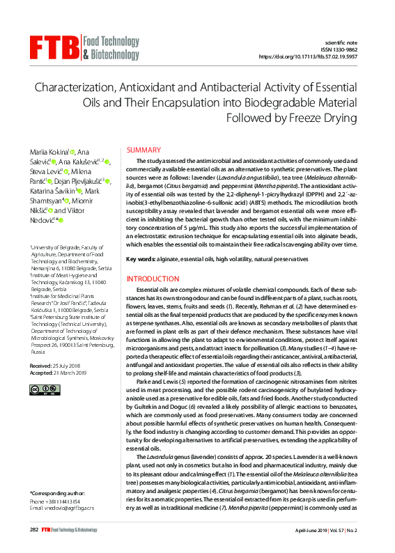 (PDF) Characterization, Antioxidant and Antibacterial Activity of Essential Oils and Their ...