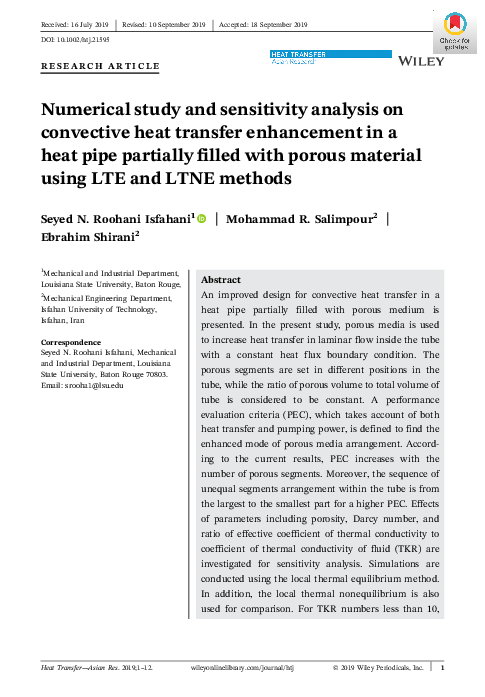 (PDF) Numerical study and sensitivity analysis on convective heat transfer enhancement in a heat ...