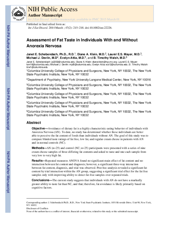 (PDF) Assessment of fat taste in individuals with and without anorexia ...