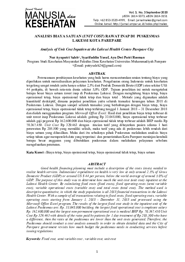 (PDF) Analisis Biaya Satuan (Unit Cost) Rawat Inap DI Puskesmas Lakessi ...