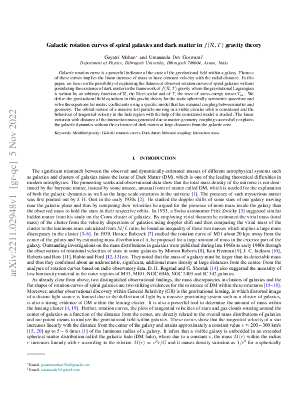 Pdf Galactic Rotation Curves Of Spiral Galaxies And Dark Matter In F R T Gravity Theory