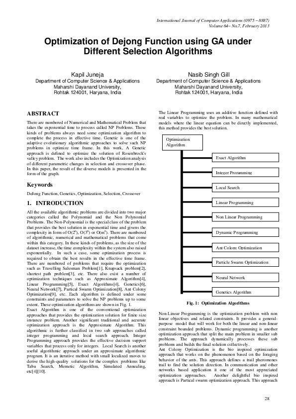 Pdf Optimization Of Dejong Function Using Ga Under Different Selection Algorithms