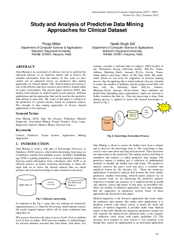 (PDF) Study and Analysis of Predictive Data Mining Approaches for Clinical Dataset