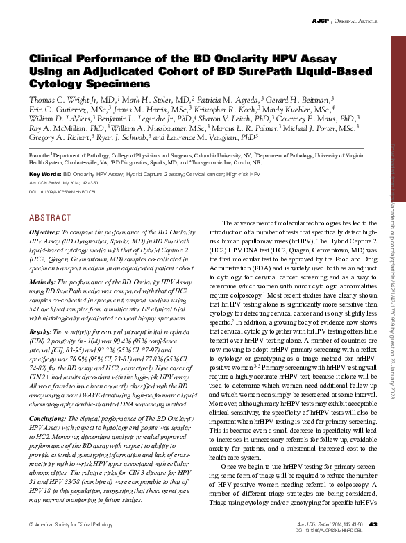 (PDF) Clinical performance of the BD Onclarity HPV assay using an ...
