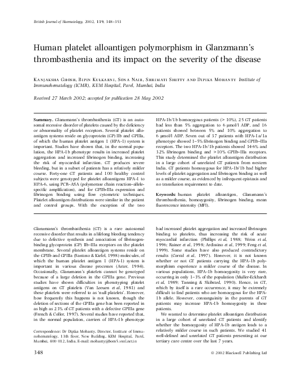 (PDF) Human platelet alloantigen polymorphism in Glanzmann's ...