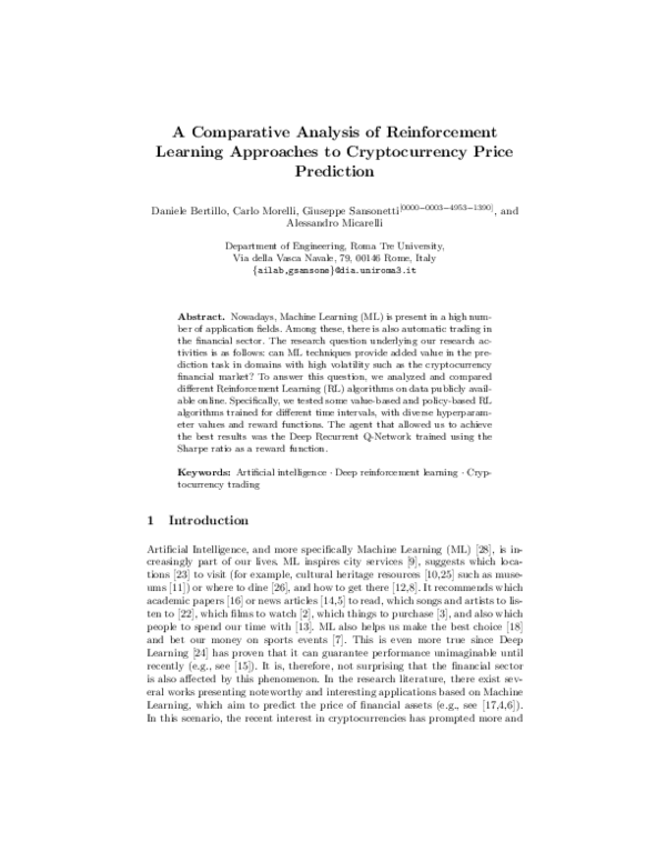 (PDF) A Comparative Analysis of Reinforcement Learning Approaches to Cryptocurrency Price Prediction