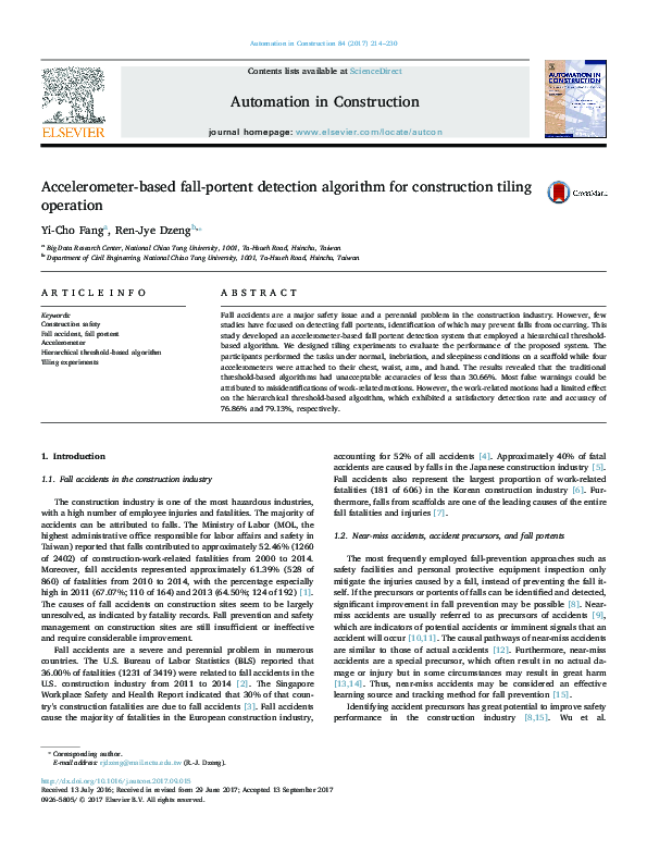 Pdf Accelerometer Based Fall Portent Detection Algorithm For Construction Tiling Operation